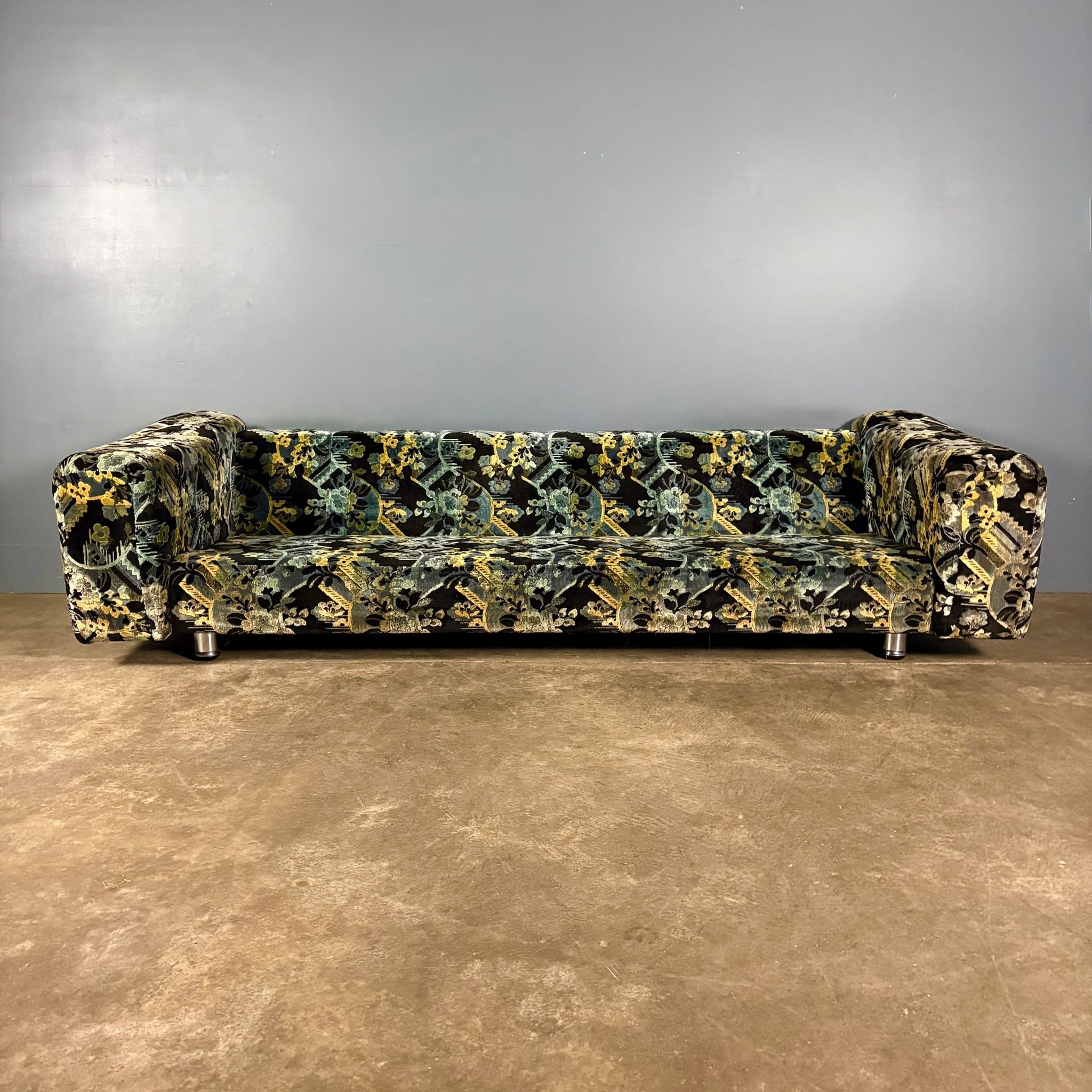 SOLD Mid Century Geometric Patterned Fabric Three Seater Sofa & Footst ...